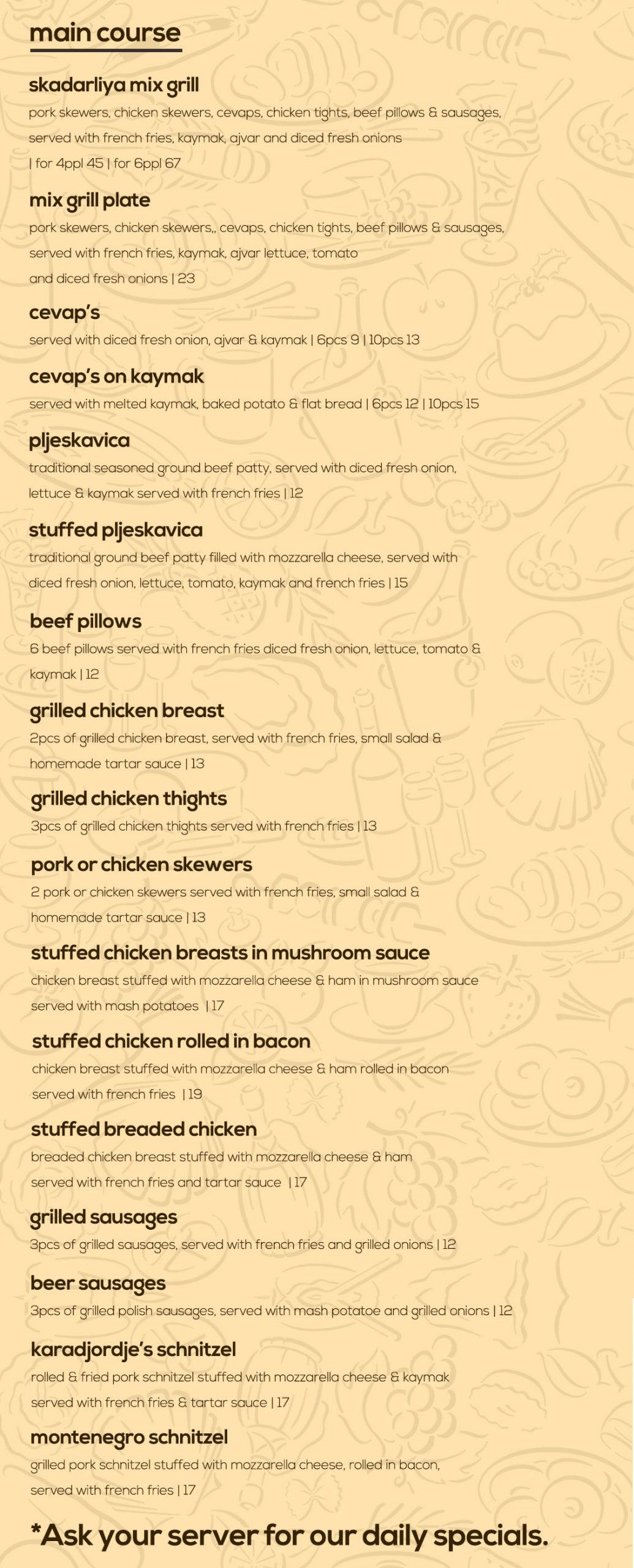 Food Menu | Skadarliya Restaurant